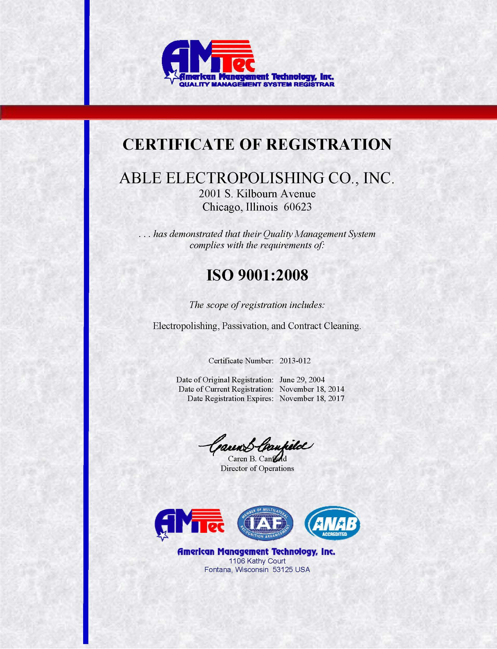 Able Electropolishing Iso Certification Metal Finishing Company